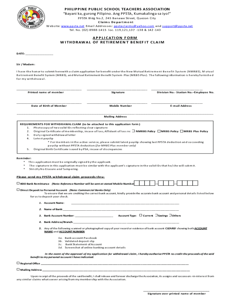 Fillable Online Philippine Public School Teachers Association: Claims ...