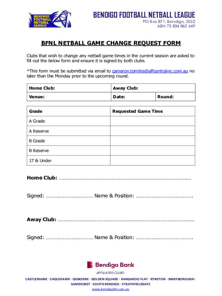 Fillable Online bfnl netball game change request form Fax Email Print ...