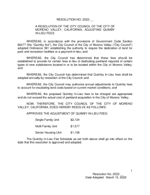 Adjusting Quimby In-Lieu Fees Resolution No. 2022-__ - pdfFiller
