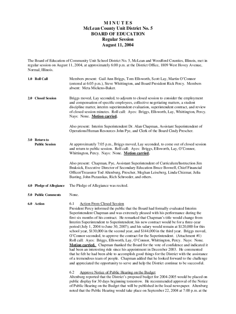 Fillable Online M I N U T E S McLean County Unit District No. 5 BOARD ... Fax Email Print ...