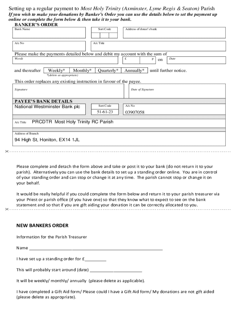 Fillable Online Bankers Order - The Parish of the Most Holy Trinity Fax ...
