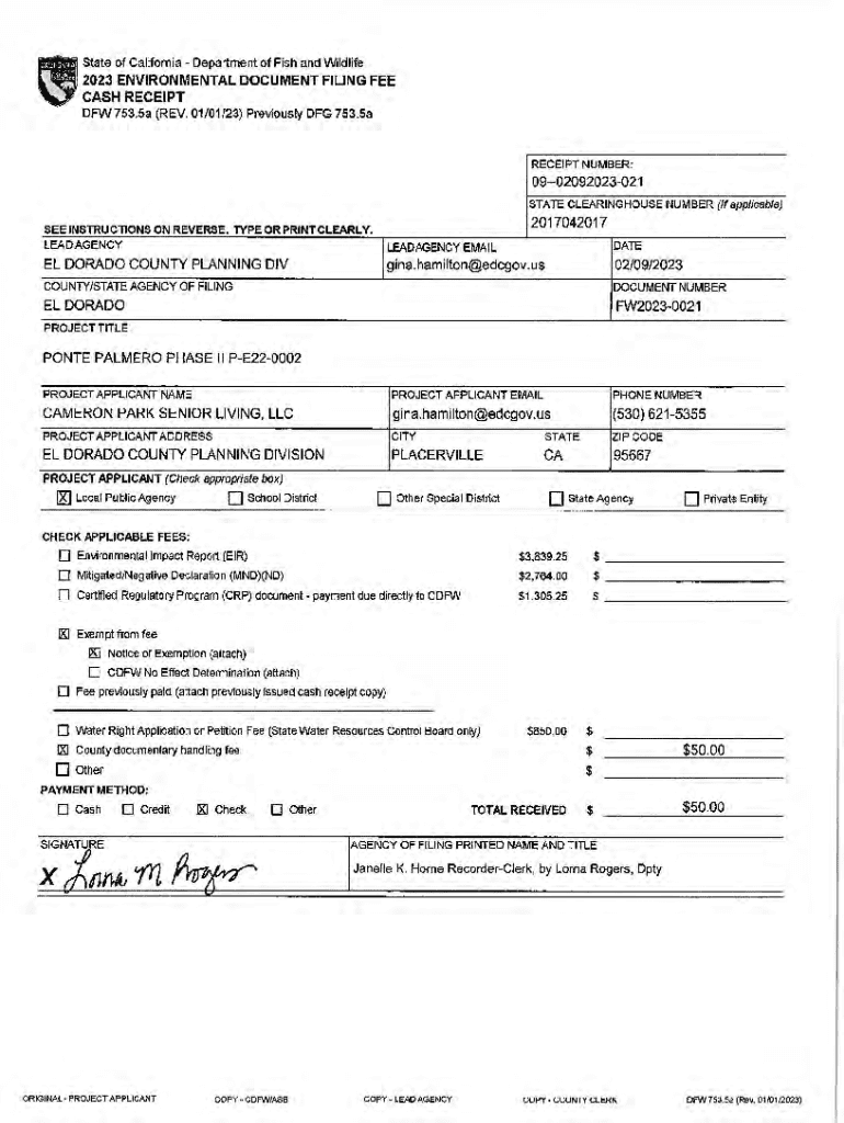 Fillable Online 2023 environmental document filing fee cash receipt Fax ...