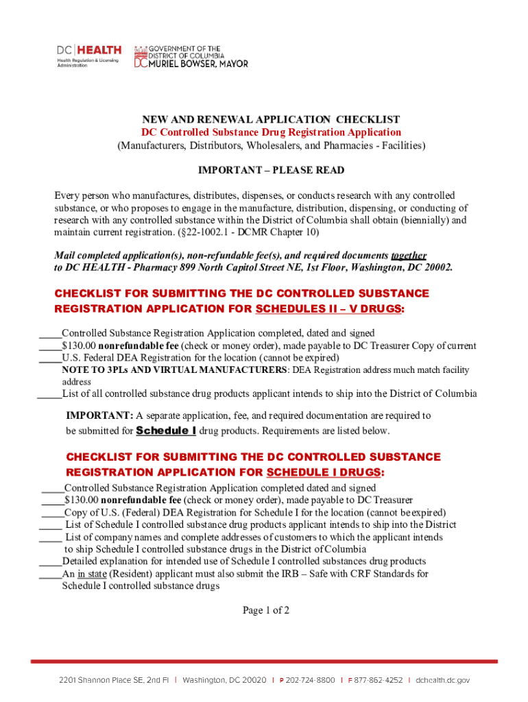 Fillable Online dchealth dc DC Controlled Substance Drug Registration ...
