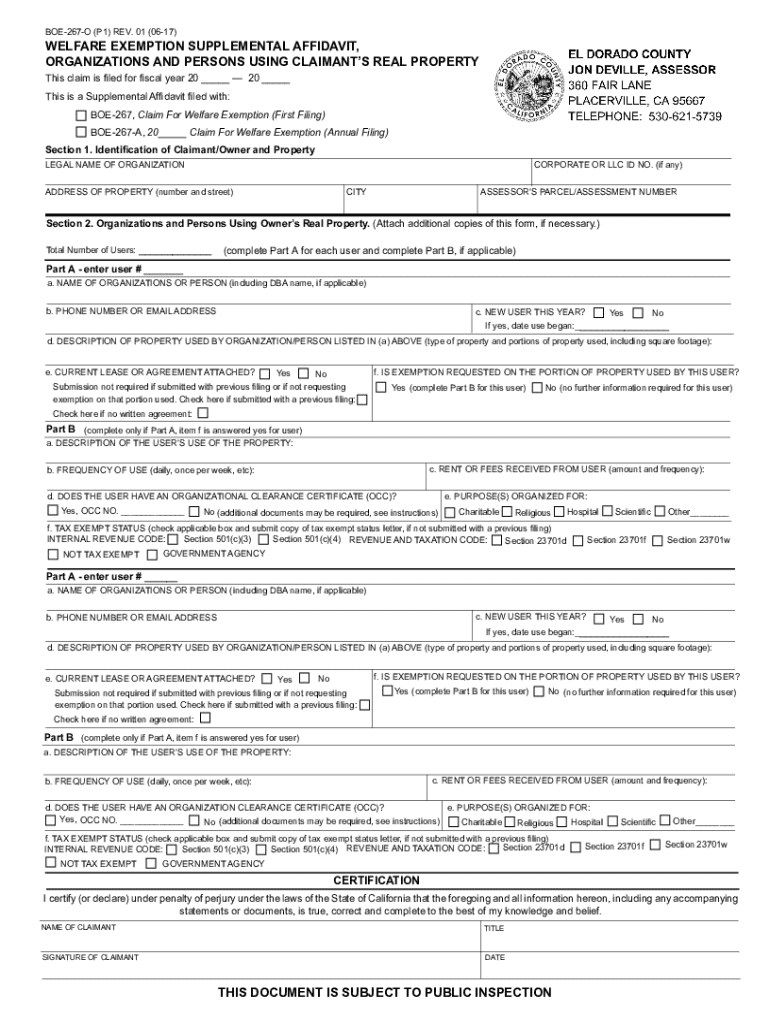 Fillable Online welfare exemption supplemental affidavit ...