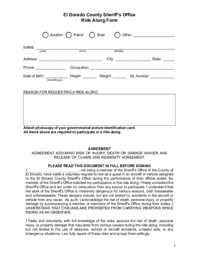 Fillable Online El Dorado County Sheriff's Office Ride Along Form Fax ...