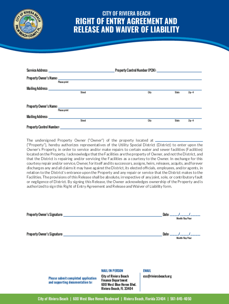 Fillable Online RIGHT OF ENTRY AGREEMENT AND Fax Email Print - pdfFiller