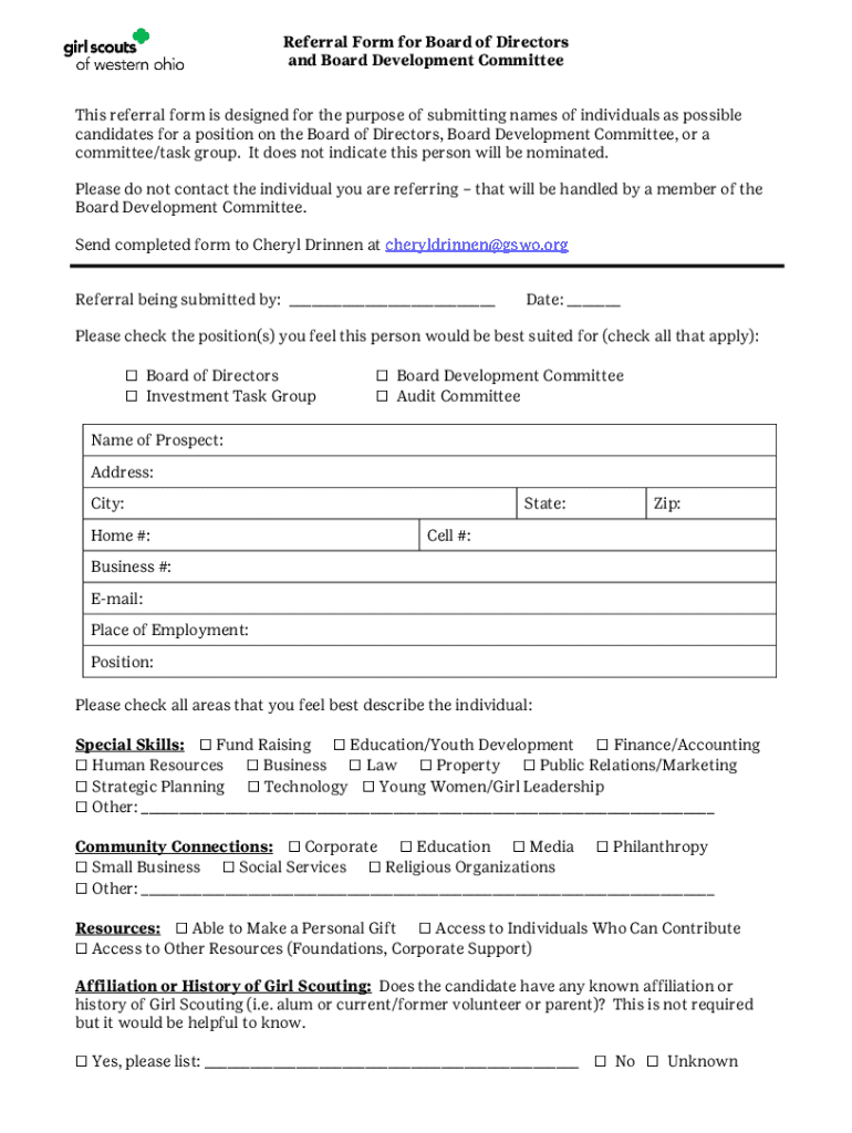 Fillable Online Referral Form for Board of Directors Fax Email Print - pdfFiller