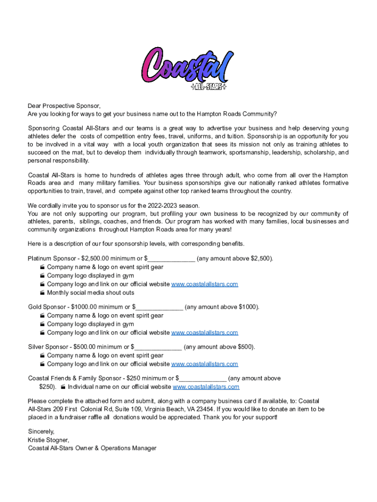 Fillable Online All-Star - Sponsor LettersFierceBoard Cheerleading ...