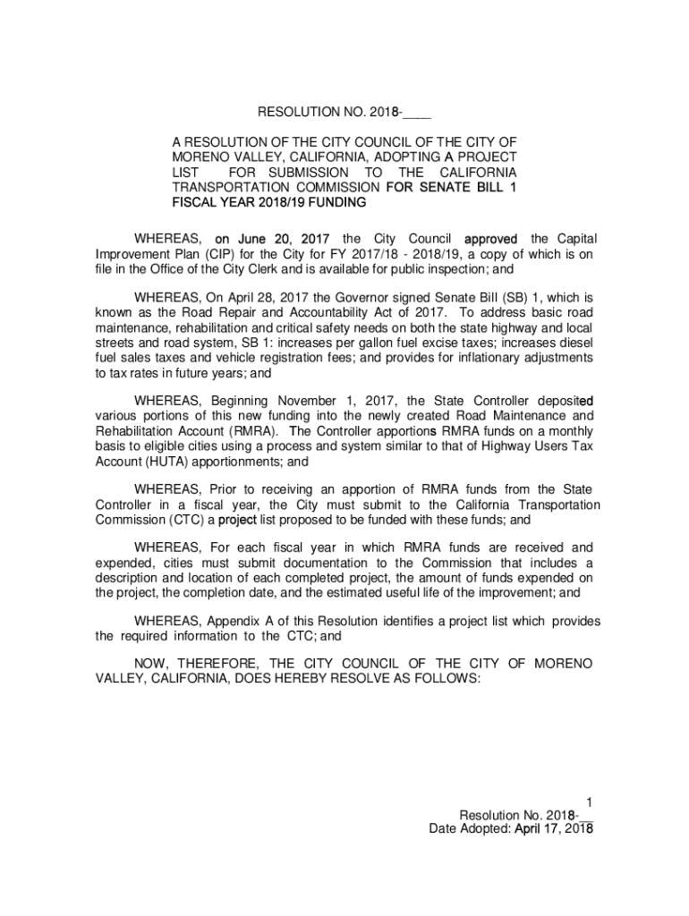 Fillable Online FY 18.19 SB1 Project List Resolution Fax Email Print ...