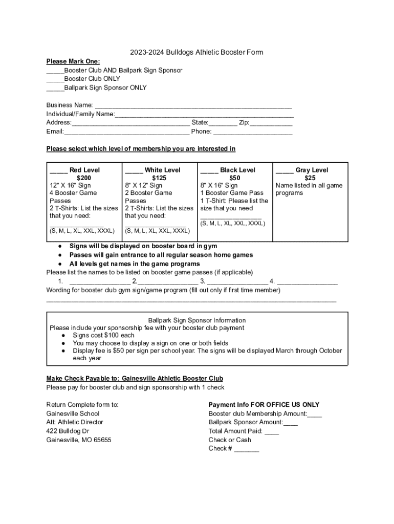 Fillable Online 2023-2024 Bulldogs Athletic Booster Form Fax Email ...
