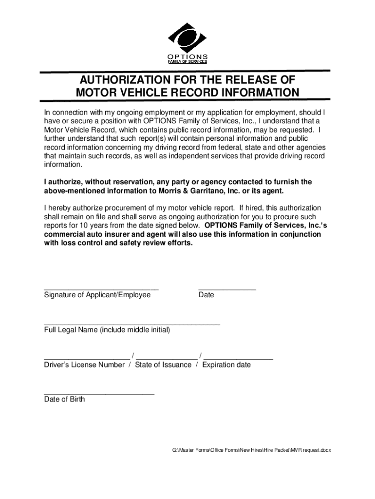 Fillable Online Authorization To Obtain Motor Vehicle Record - Fill ...
