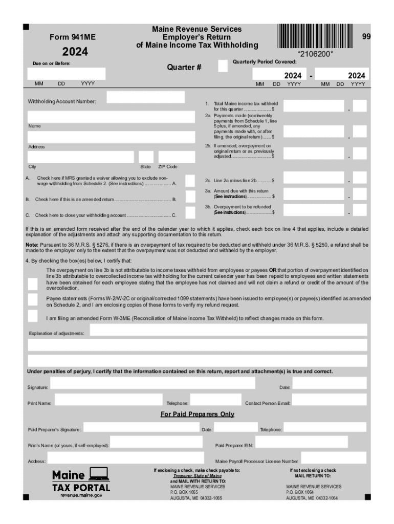 Employer’s Return of Maine Income Tax Withholding Form 941ME - pdfFiller