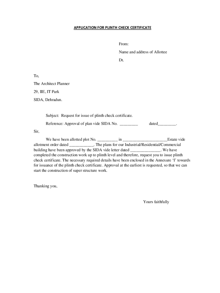Fillable Online APPLICATION FOR PLINTH CHECK CERTIFICATE From Fax Email Print - pdfFiller