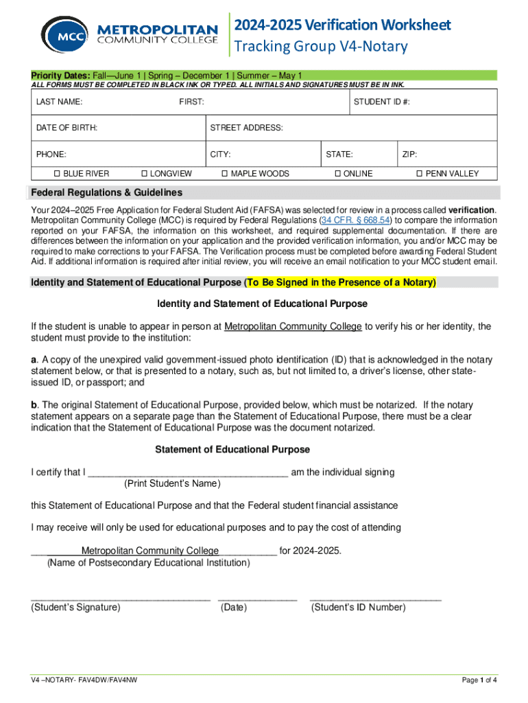 Fillable Online 2024/2025 FA FAFSA Verification Worksheet for ... Fax ...