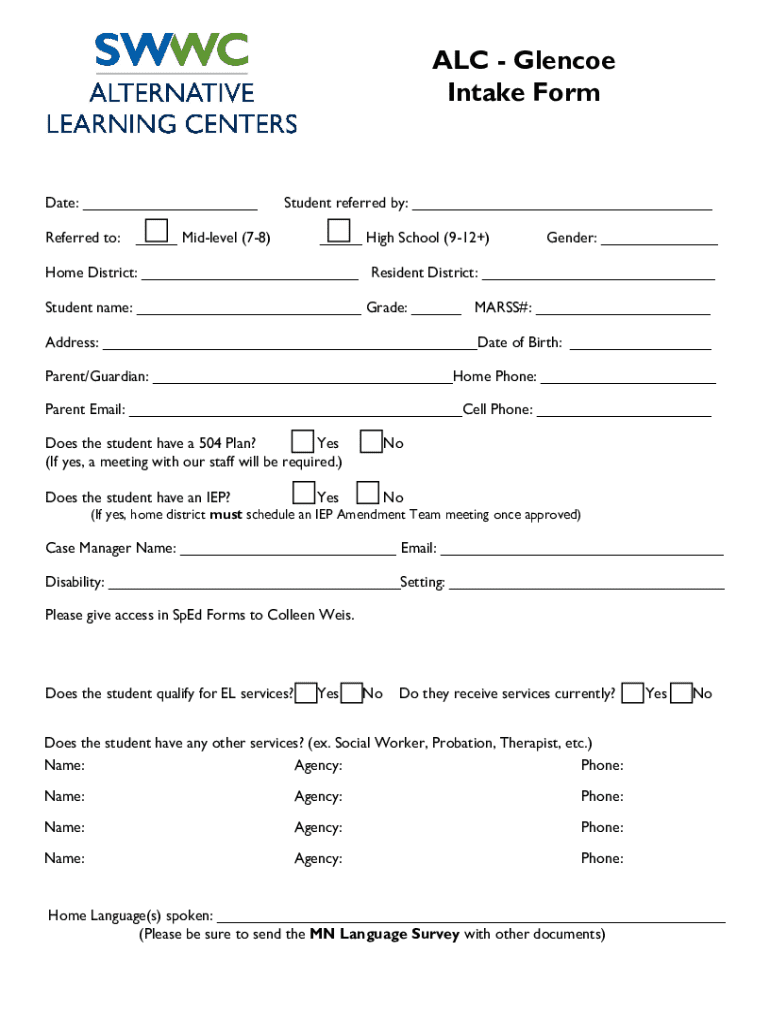 Fillable Online ALC - Glencoe Intake Form Fax Email Print - pdfFiller