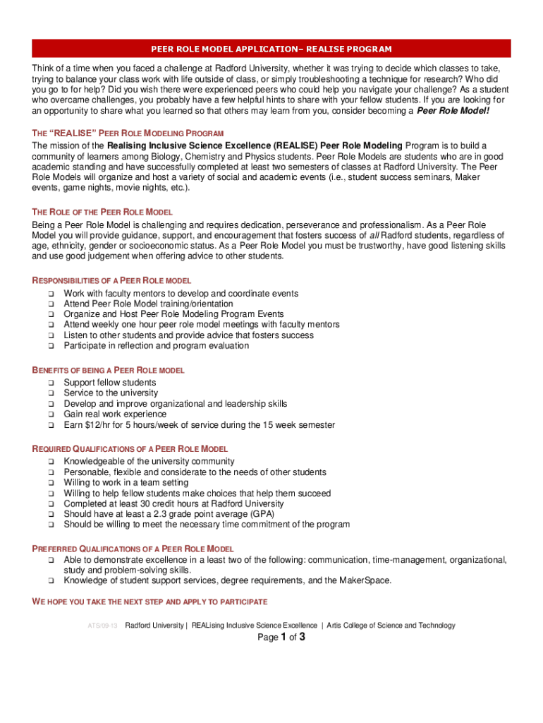 Fillable Online peer role model application realise program Fax Email Print - pdfFiller