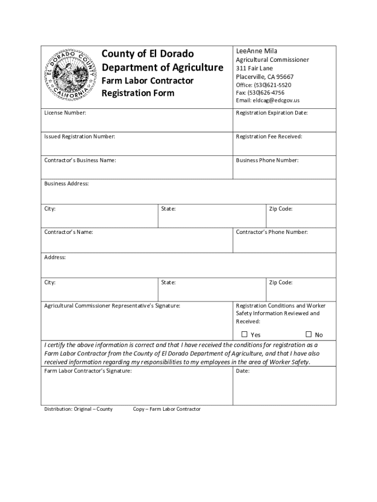 Fillable Online El Dorado County Farm Labor Contractor registration Fax ...