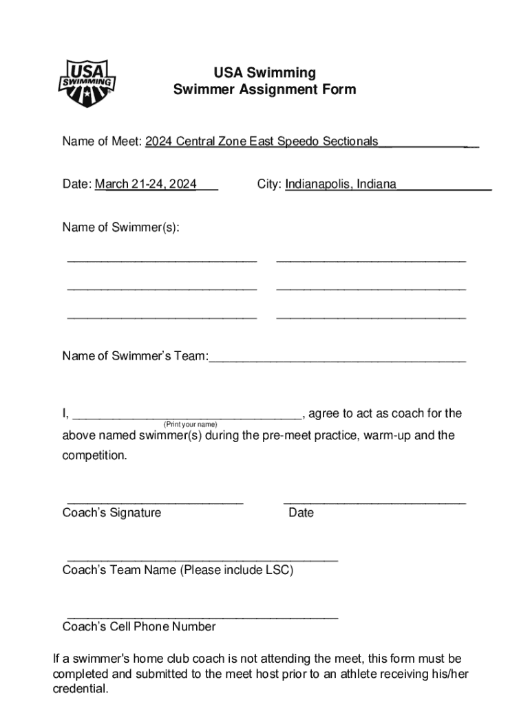 USA Swimming Swimmer Assignment Form Swimmer Assignment Form - pdfFiller