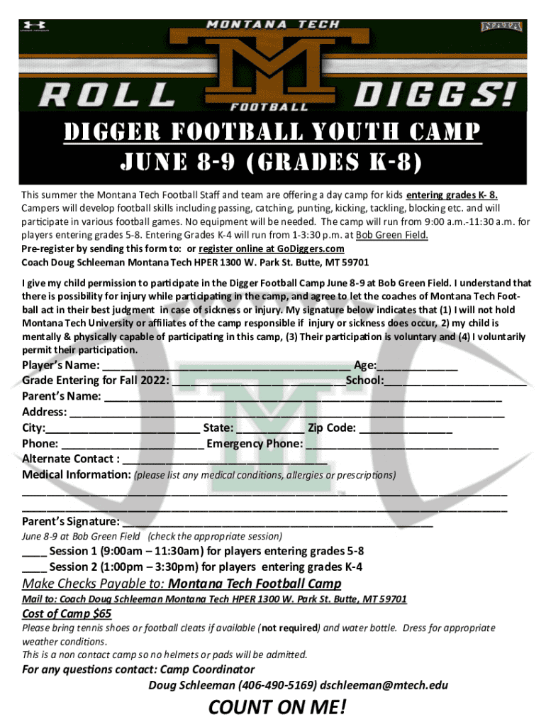 Fillable Online DIGGER FOOTBALL Youth Camp June 8-9 (grades k-8) Fax ...
