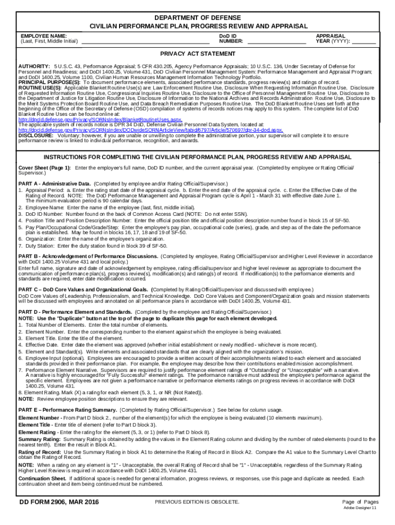 Fillable Online DD Form 2906, DoD Performance Plan and Rating, March ...