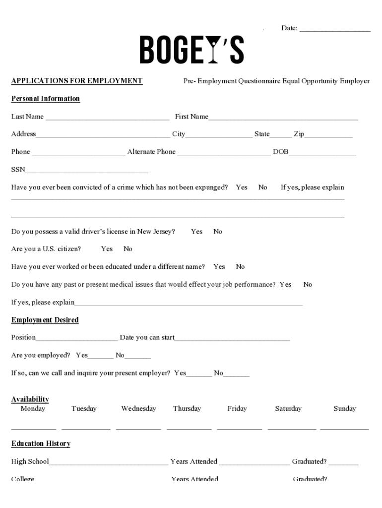 Fillable Online Pre- Employment Questionnaire Equal Opportunity ...