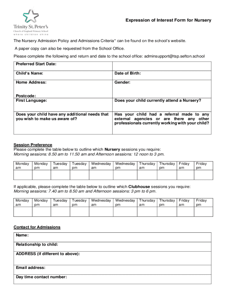 Fillable Online Expression of Interest Form for Nursery Fax Email Print - pdfFiller