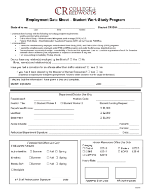 Fillable Online internal redwoods Employment Data Sheet Student Work ...