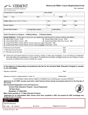 Fillable Online dmv vermont Motorcycle Rider Course Registration Form ...