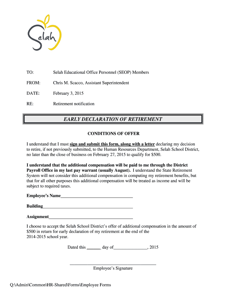 Fillable Online selah k12 wa EARLY DECLARATION OF RETIREMENT - SEOP.doc Fax Email Print - pdfFiller