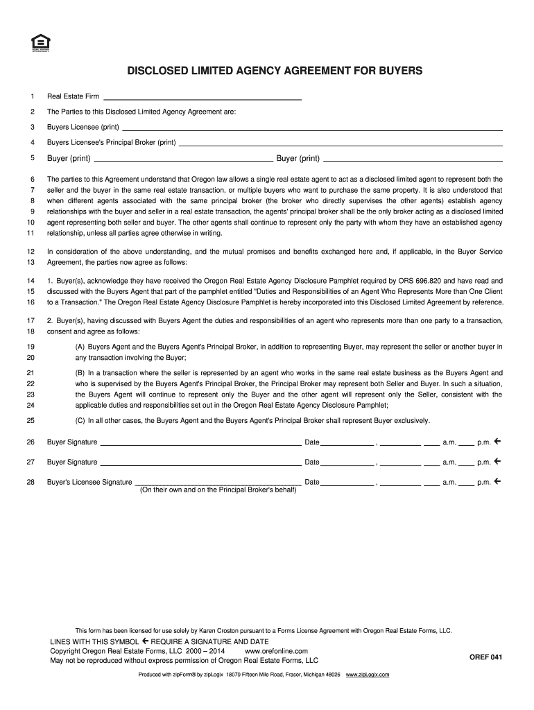 Fillable Online DISCLOSED LIMITED AGENCY AGREEMENT FOR BUYERS Fax Email ...