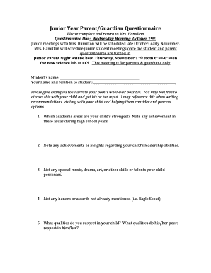 Fillable Online Junior Year ParentGuardian Questionnaire Fax Email ...