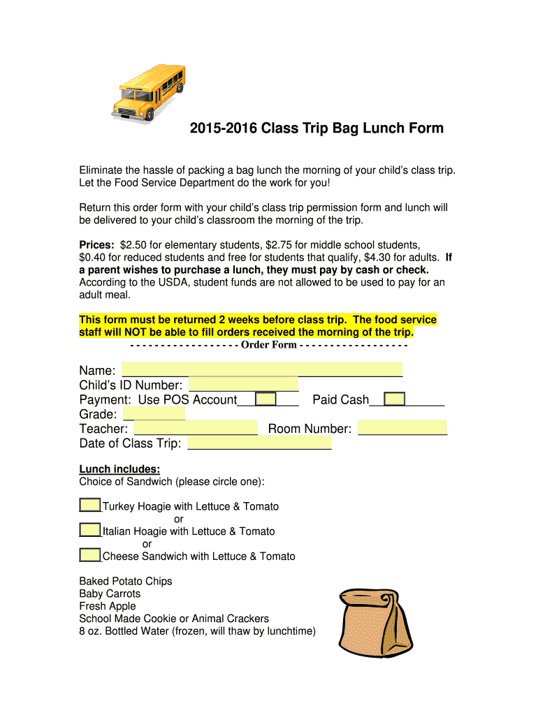 Fillable Online soudertonsd Class Trip Bag Lunch Form Fax Email Print ...