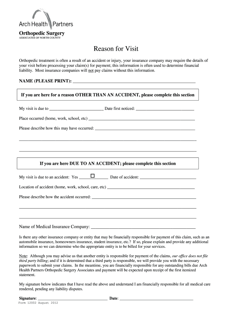 Fillable Online archhealth Reason for Visit - Arch Health Partners Fax ...