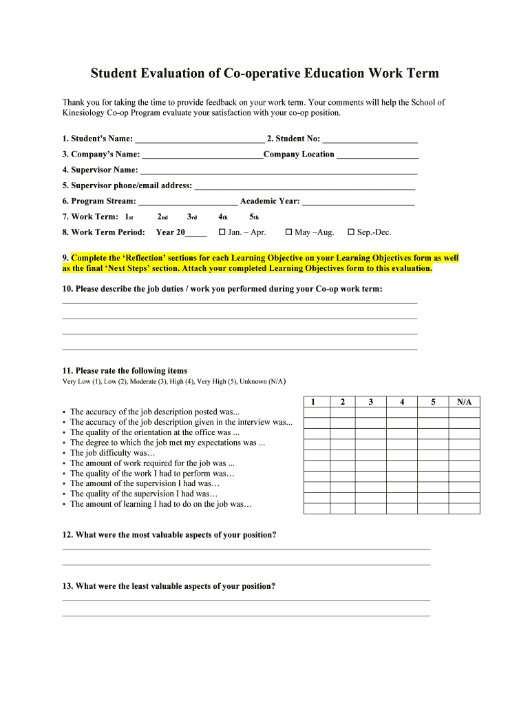 Fillable Online Student Evaluation of Co-operative Education Work Term ...