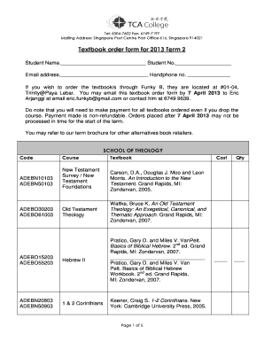 Fillable Online tca edu Textbook order form for 2013 Term 2 - TCA ...