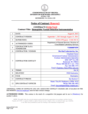 Fillable Online dps dgs virginia Notice of Contract Renewal - Division of Purchases and Supply ...