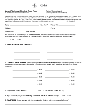 Fillable Online Annual Wellness & Physical Form Dr Bergland 12 Oct 2013 ...