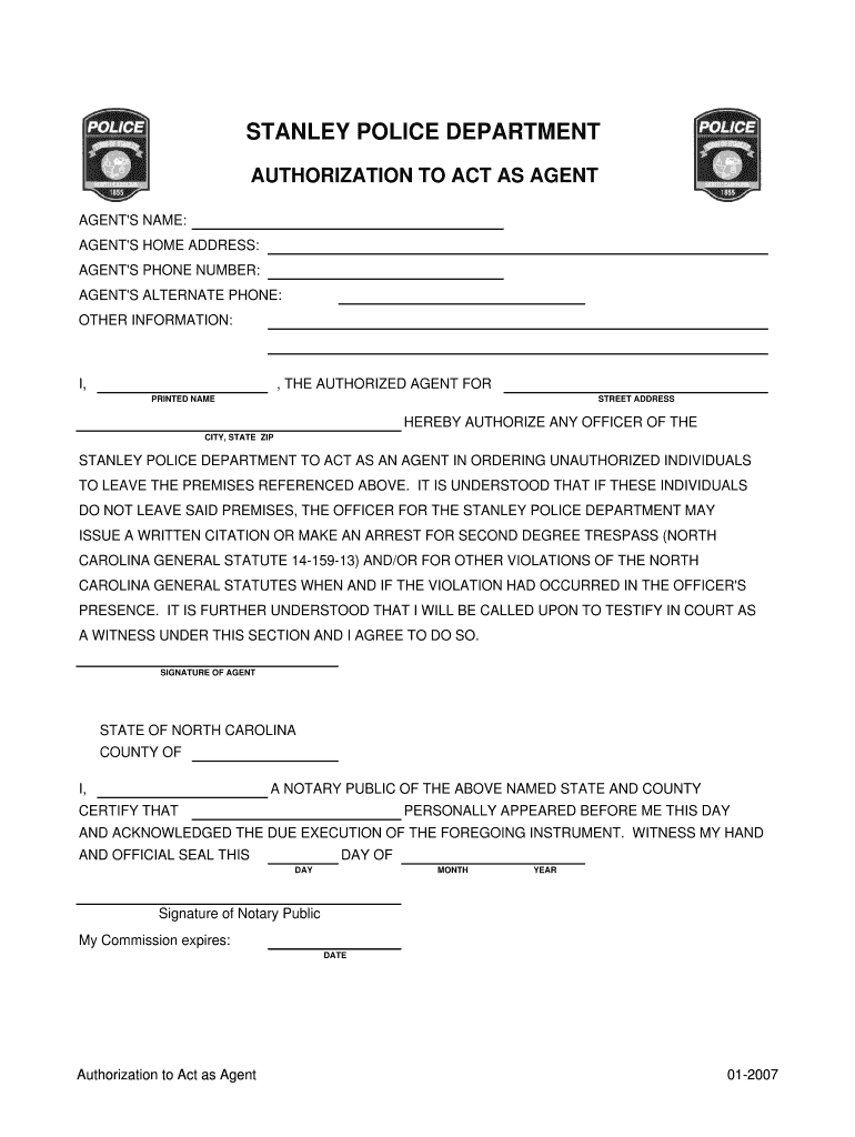 Fillable Online stanleypolice Authorization to Act as Agent (Loitering ...