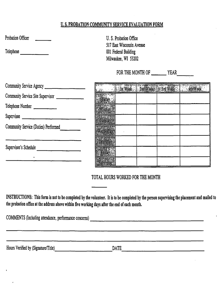 Fillable Online wiep uscourts U. S. PROBATION COMMUNITY SERVICE ...