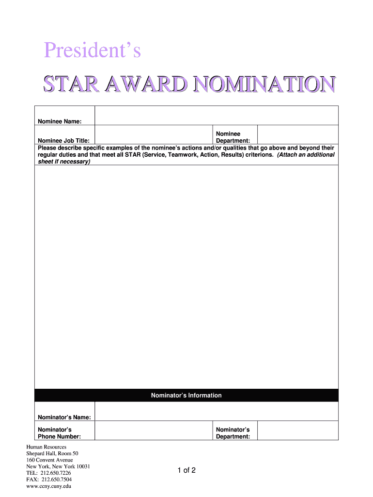 Fillable Online President's STAR AWARD NOMINATION - The City College of ...