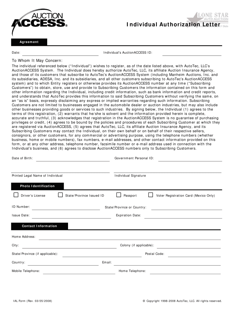Fillable Online Individual Authorization Letter Fax Email Print - pdfFiller