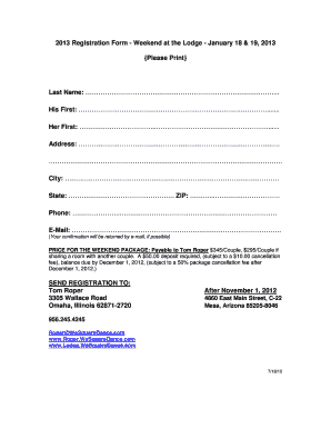 Fillable Online 2013 Registration Form - Weekend at the Lodge - January ...