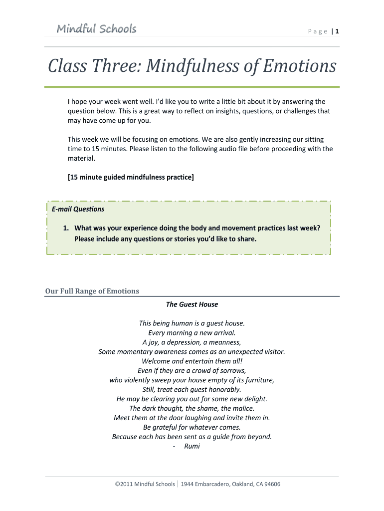 Fillable Online mindfulschools Class Three: Mindfulness of Emotions Fax ...