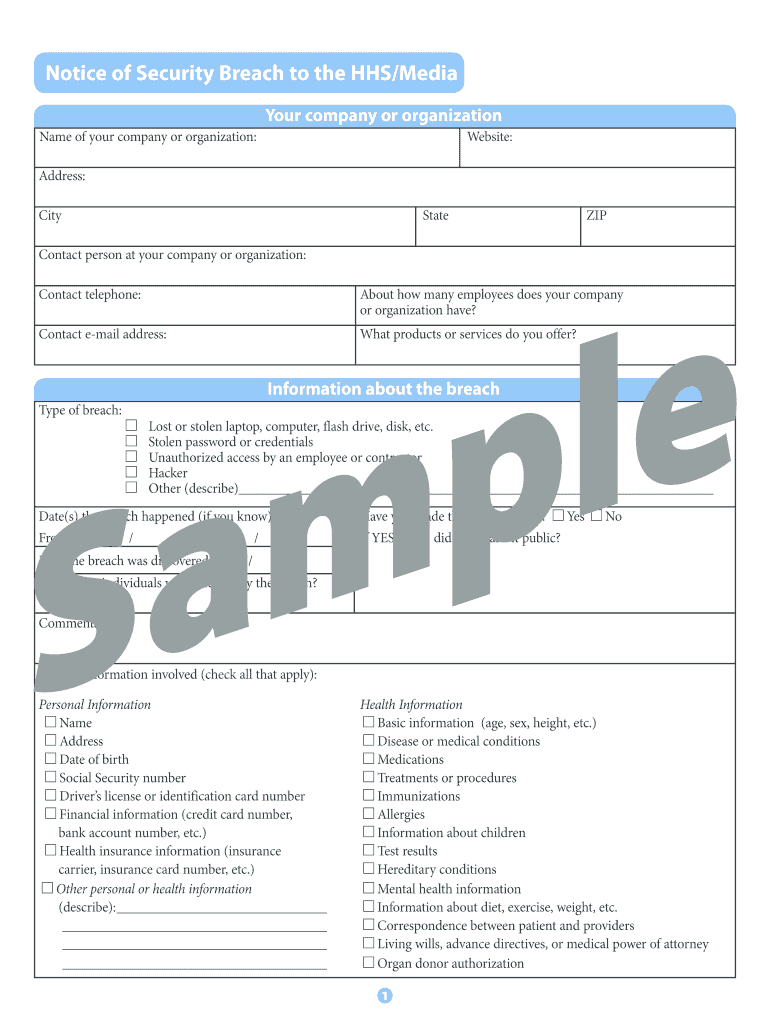 Fillable Online Notice of Security Breach to the HHS/Media - TFP Data ...