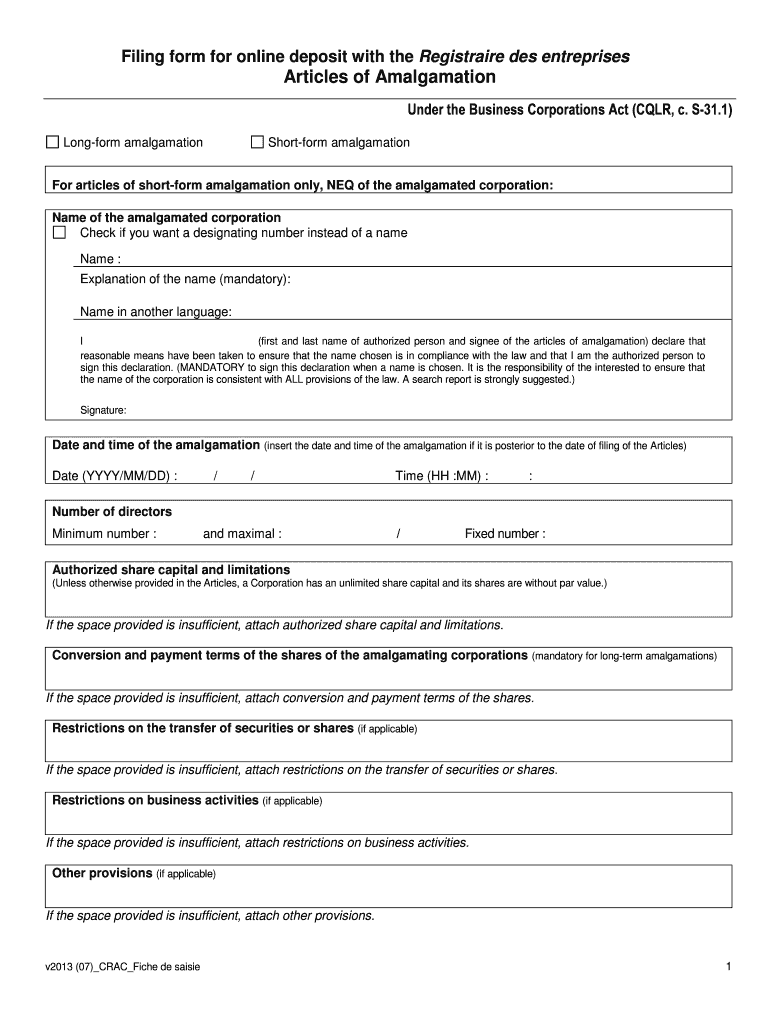Fillable Online Articles of Amalgamation - CRAC Fax Email Print - pdfFiller