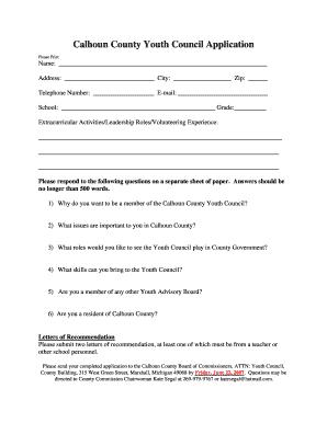 Fillable Online calhouncountymi Calhoun County Youth Council Application Fax Email Print - pdfFiller