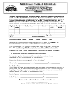 Fillable Online 2012 Transportation Gr. 1-12 - Needham Public Schools ...