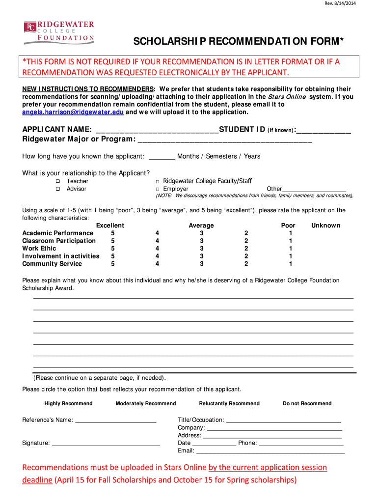 Fillable Online ridgewater SCHOLARSHIP RECOMMENDATION FORM* - Ridgewater College - ridgewater ...
