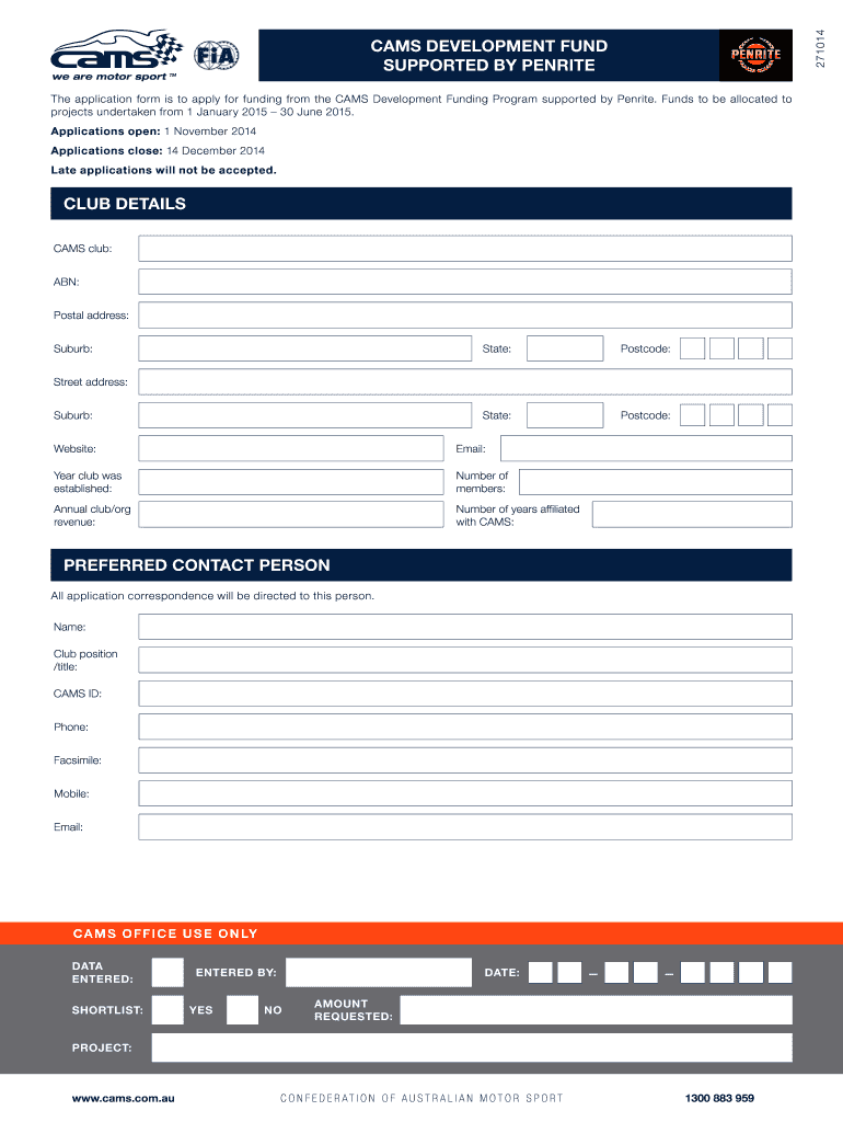 Fillable Online 2015 CAMS Club Development Funding Registration Form ...