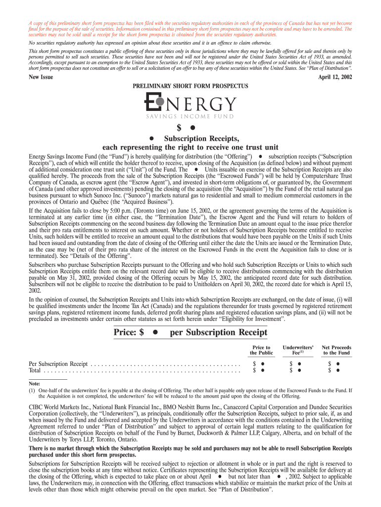 Fillable Online Preliminary Short Form Prospectus - JustEnergyGroup Fax ...
